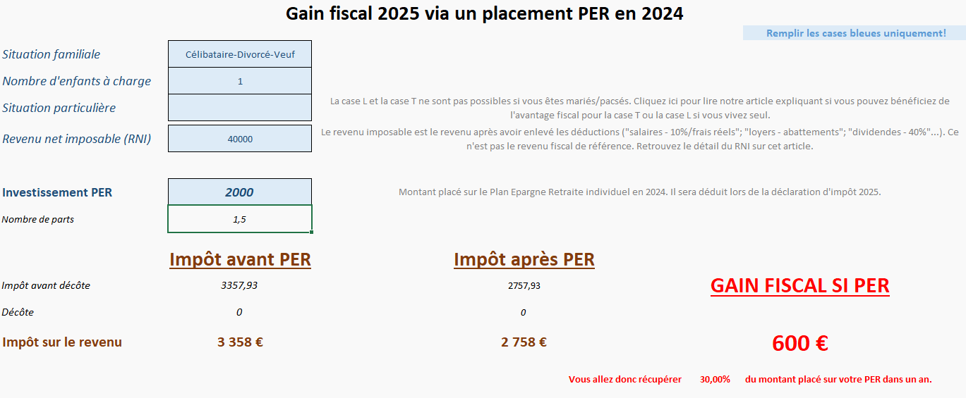 Simulateur Excel : baisse de l'impôt 2025 via un PER en 2024.