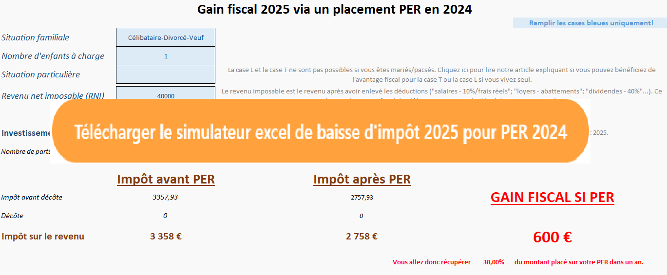 Simulateur Excel : baisse de l'impôt 2025 via un PER en 2024.